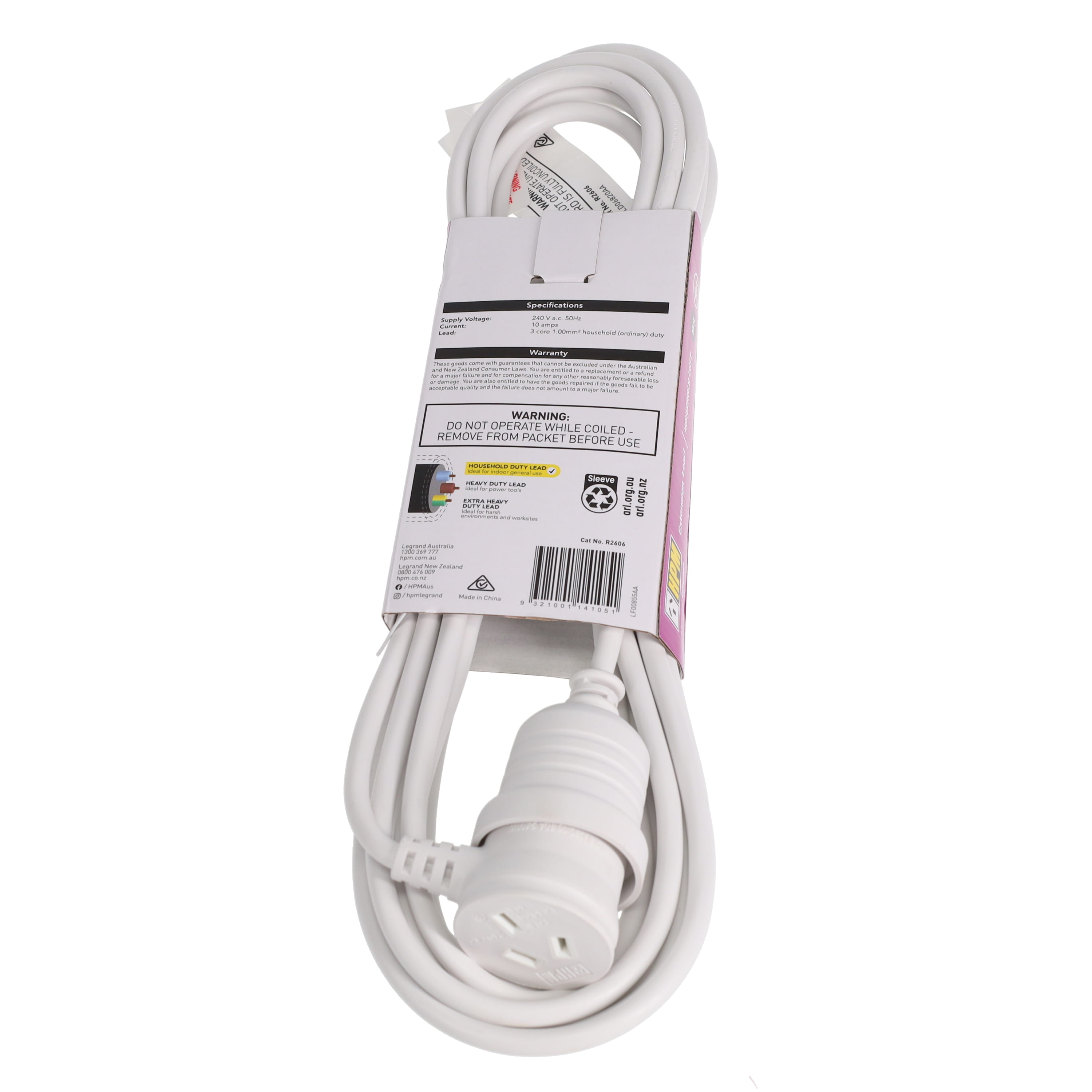 HPM Household 10A 3 Core 1.0mm² Piggyback Extension Lead 6m White ...