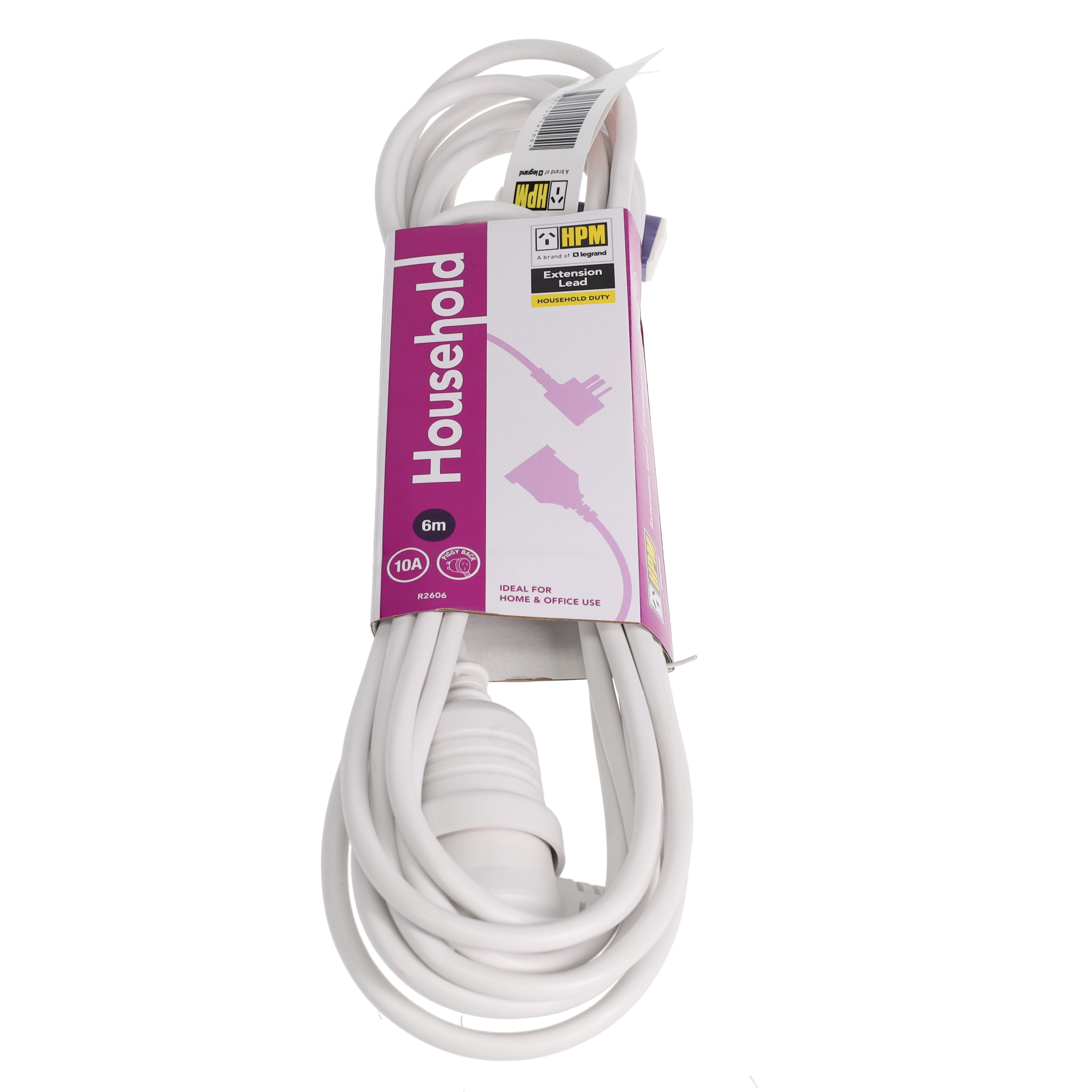 HPM Household 10A 3 Core 1.0mm² Piggyback Extension Lead 6m White ...