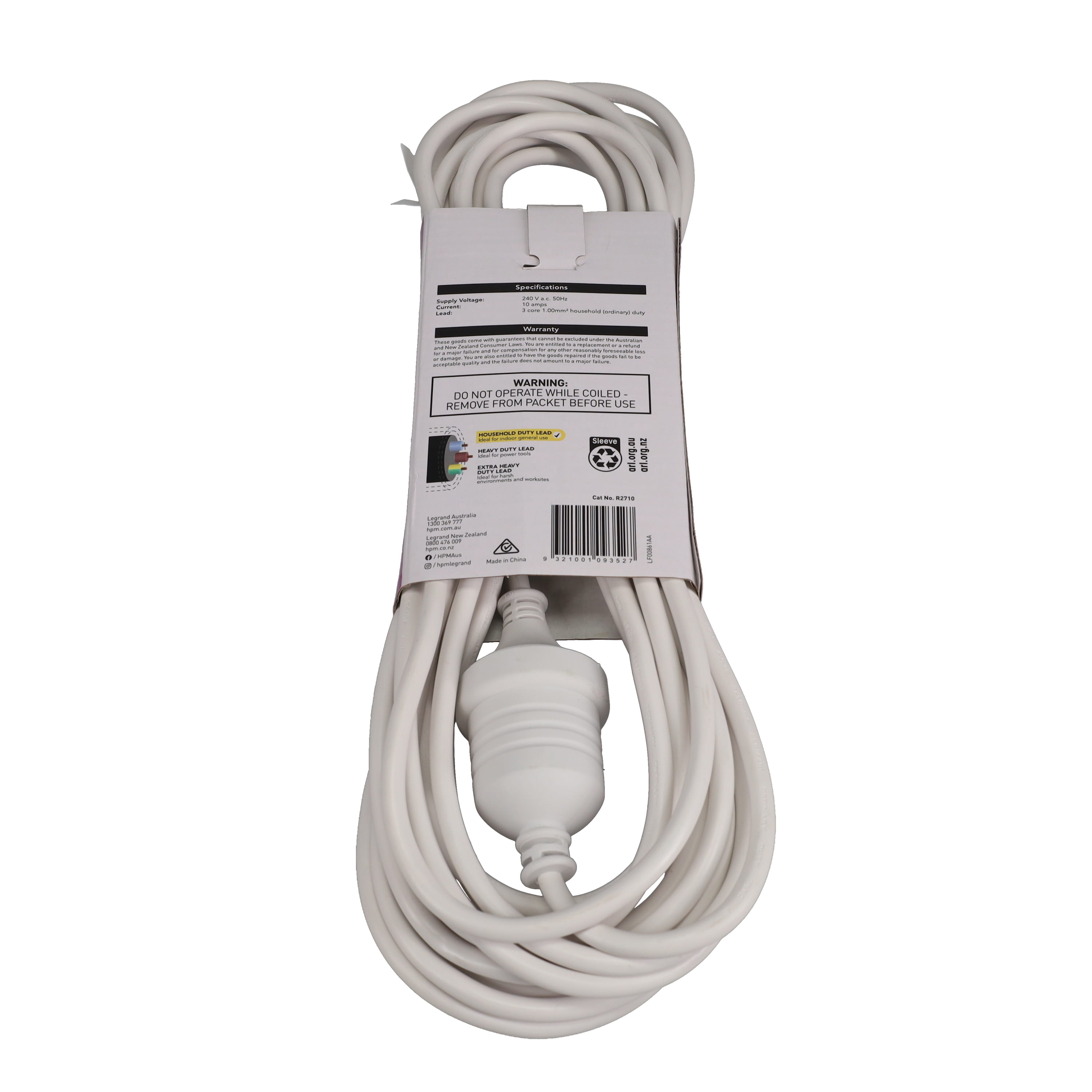 HPM Household 10A 3 Core 1.0mm² Extension Lead 10m White | R2710 ...