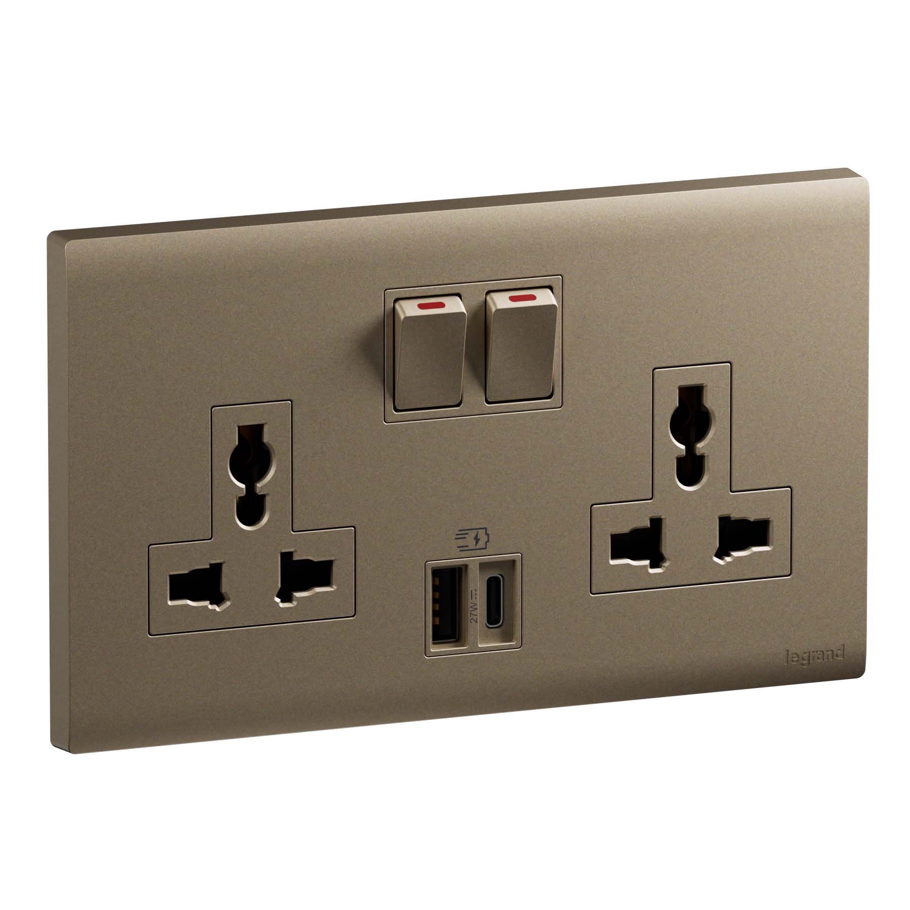 Obria 2 gang 16A Multistandard Switched Socket + Usb A+C 27W Rose Gold ...
