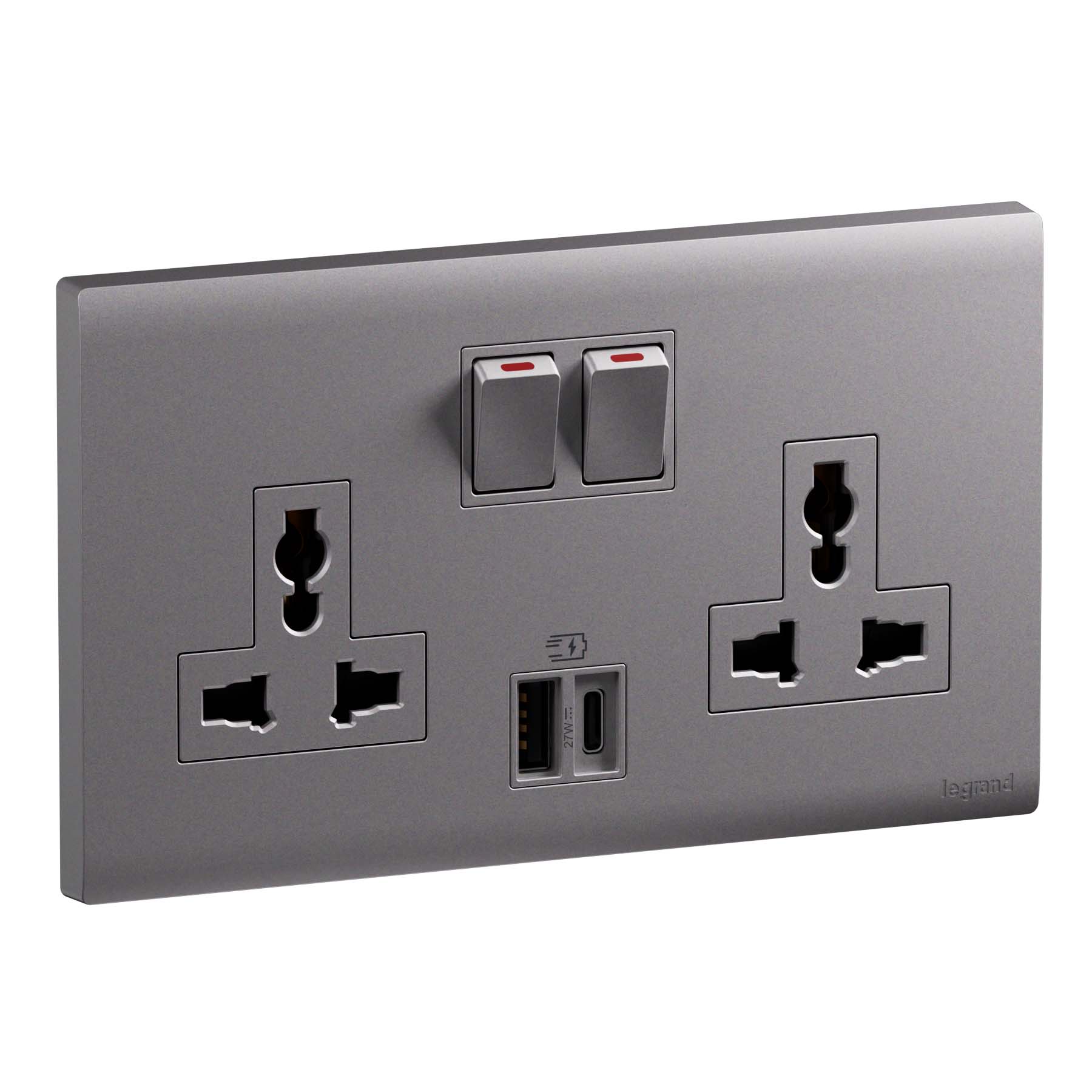Obria 2 gang 16A Multistandard Switched Socket + Usb A+C 27W - Dark ...