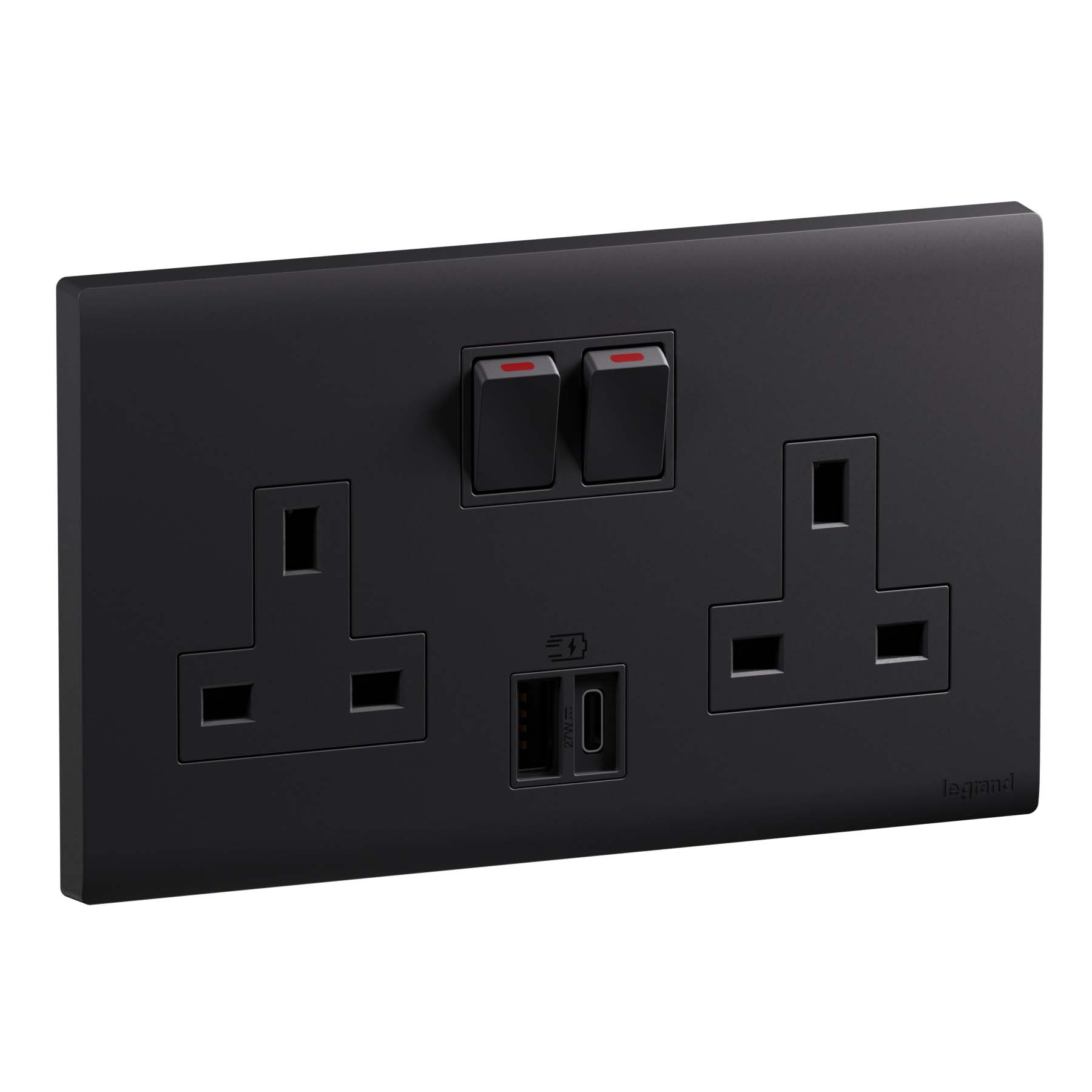 Obria 2 gang BS 13A Dp Switched Socket + Usb A+C 27W - Matt Black | MEC33079BL | 3414972673228 ...