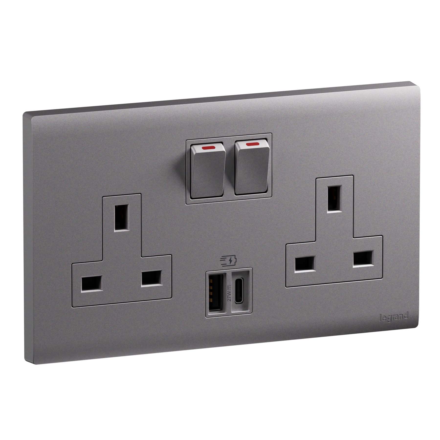 Obria 2 gang Bs 13A Dp Switched Socket + Usb A+C 27W Dark Silver ...
