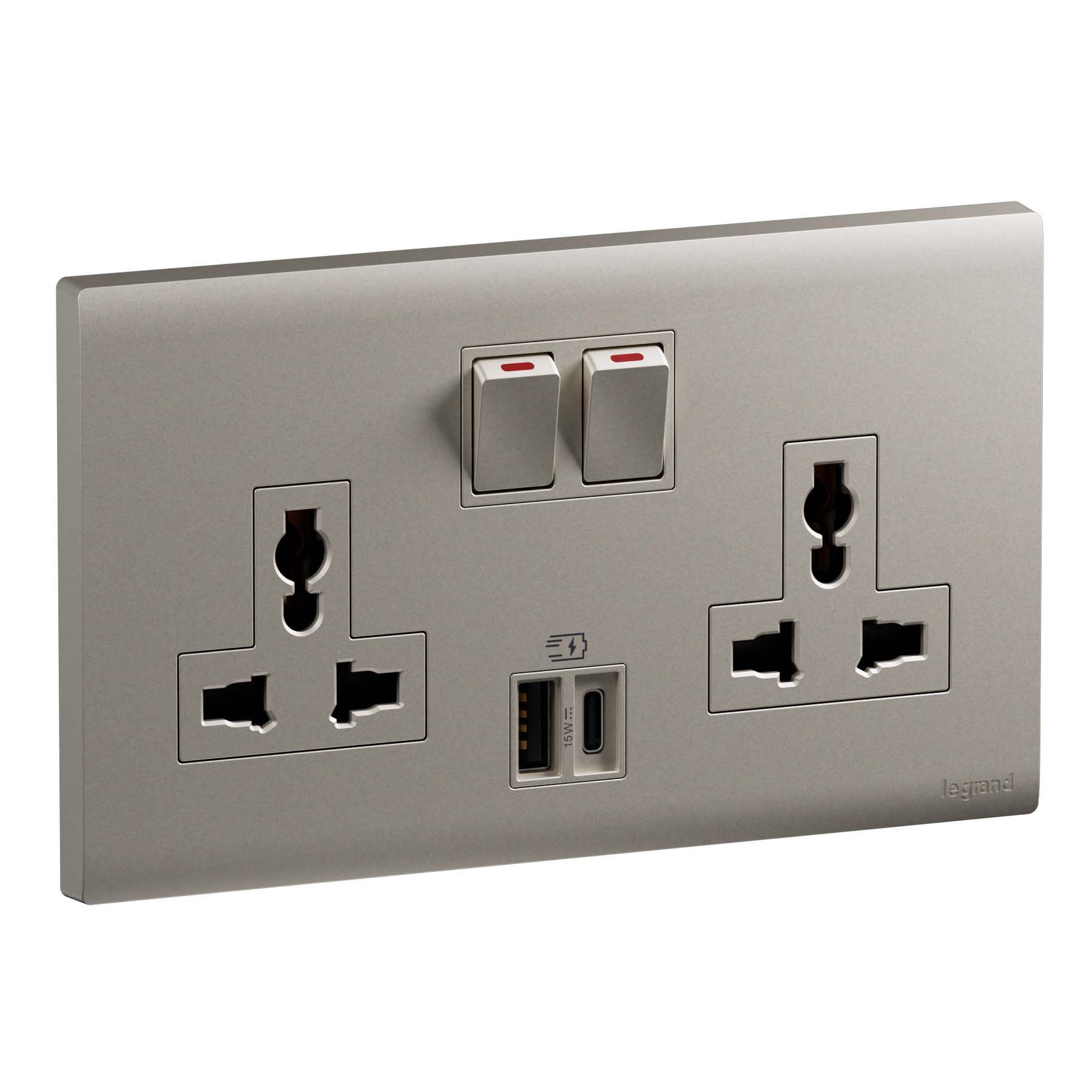 Obria 2 gang 16A Multistandard Switched Socket + Usb Type A+C 15W - Champagne | MEC33082CH ...