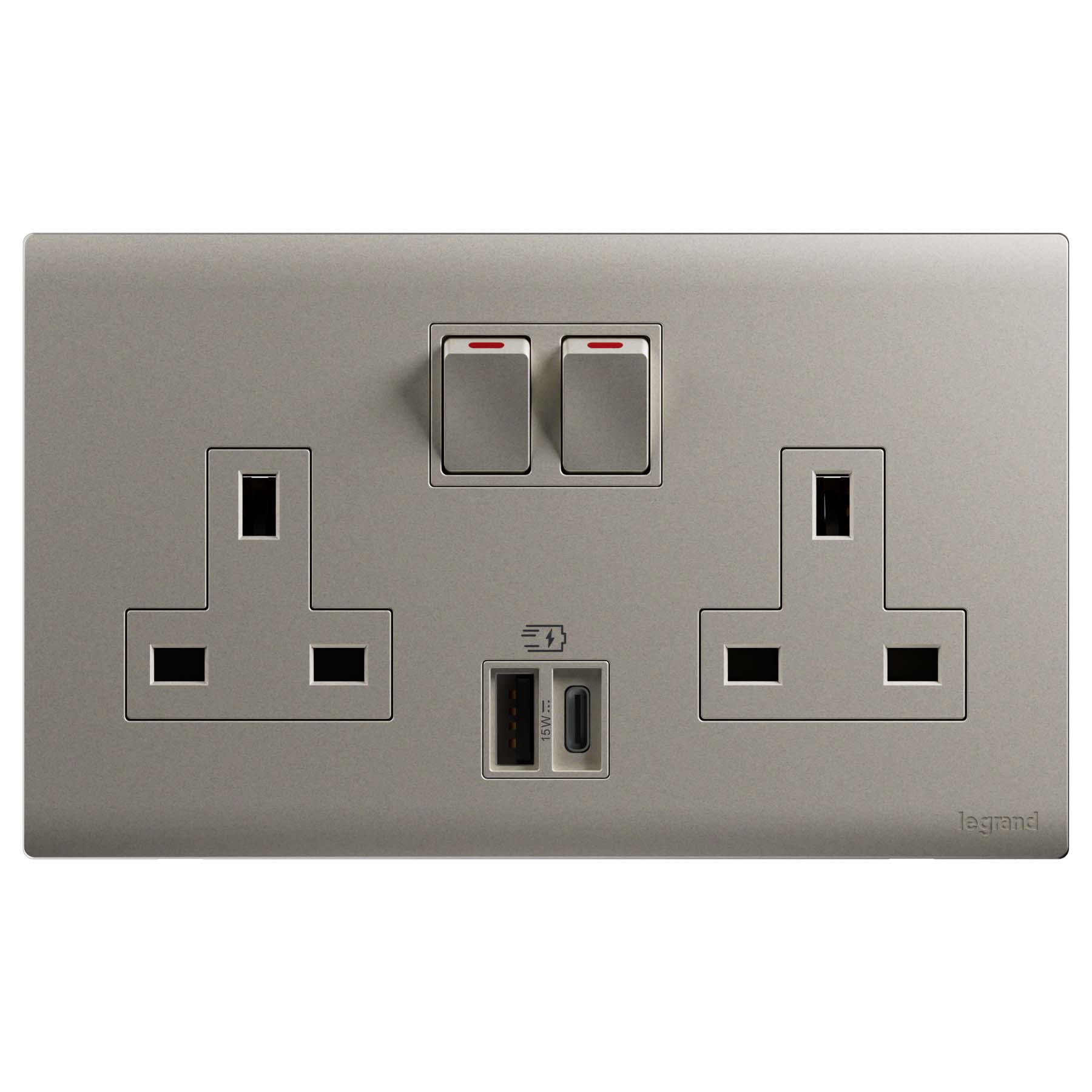 Obria 2 gang Bs 13A Sp Switch Socket + Usb A+C 15W Champagne ...