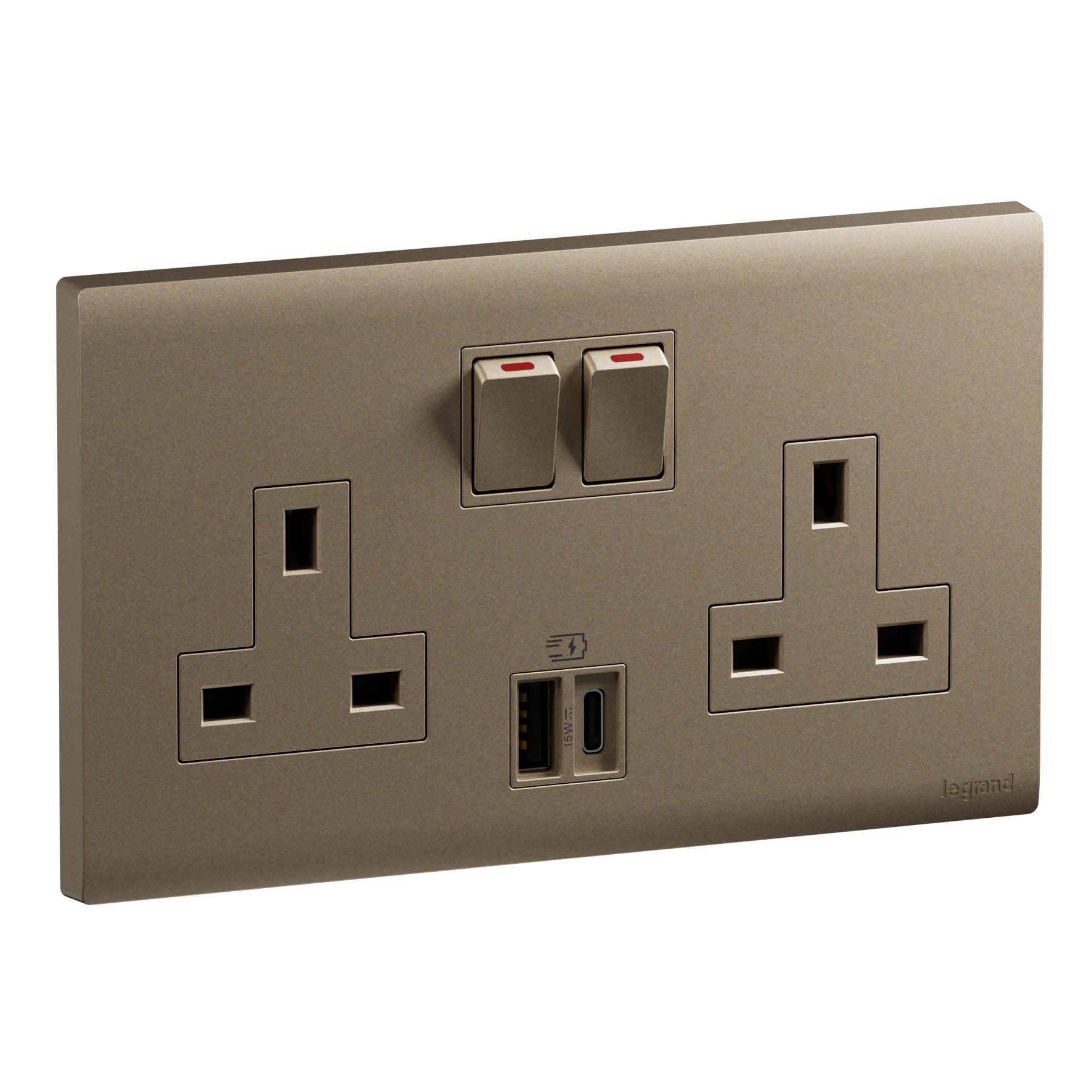 Obria 2 gang BS 13A Sp Switch Socket + Usb A+C 15W - Rose Gold ...
